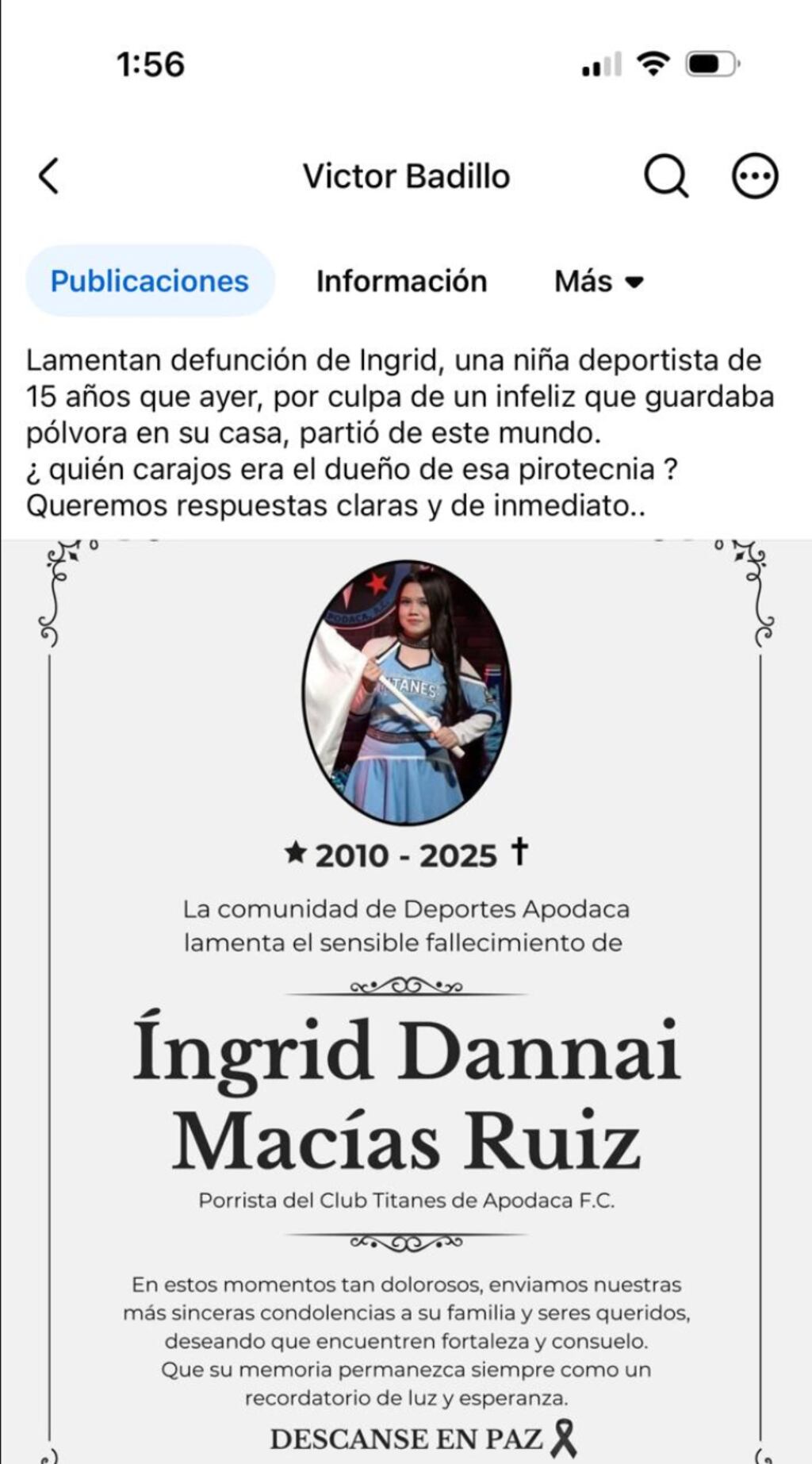 Muere Ingrid Dannai, porrista de 15 años, tras explosión de pirotecnia ...