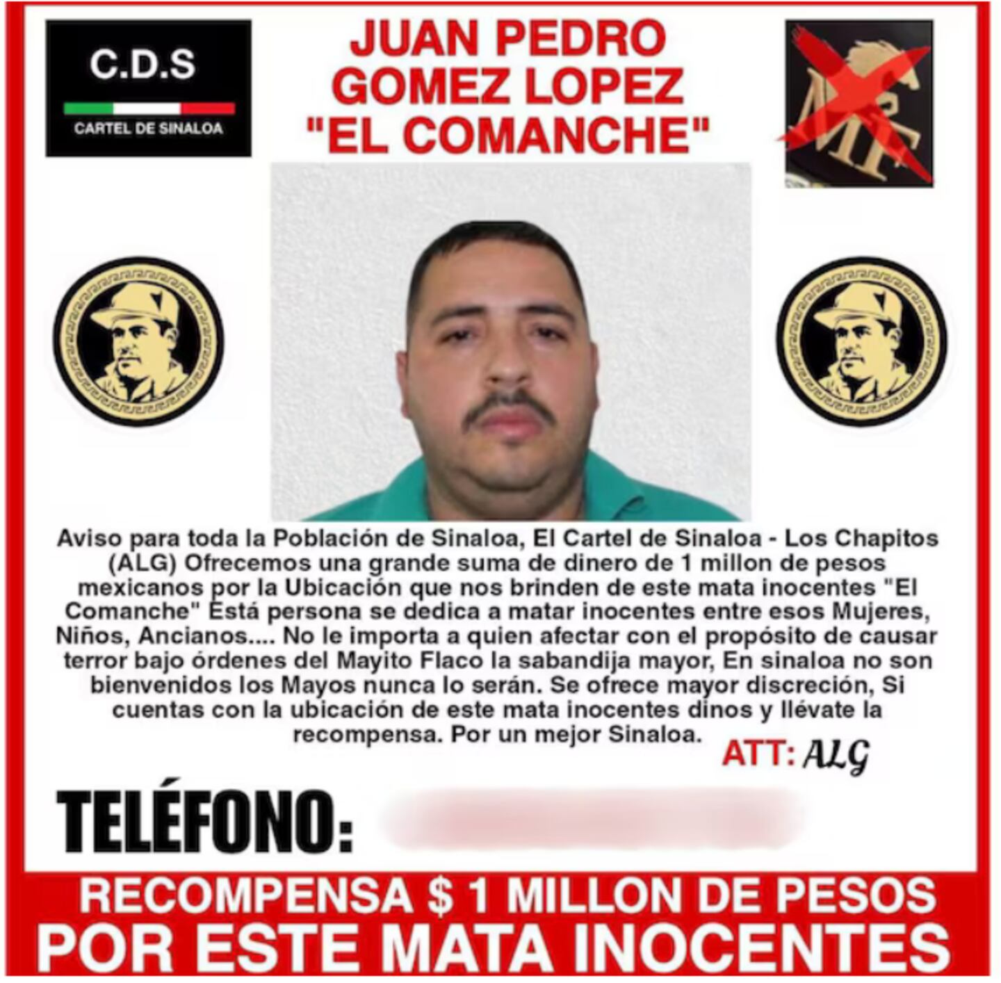 Los Chapitos ofrecen un millón de pesos por ‘El Comanche’, líder de La ...